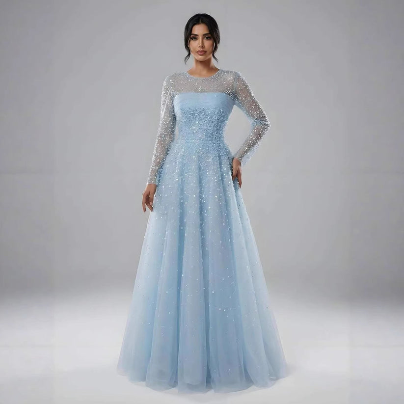Luxury Arabic Blue O-Neck Beaded A-Line Evening Dress with Long Sleeves ...
