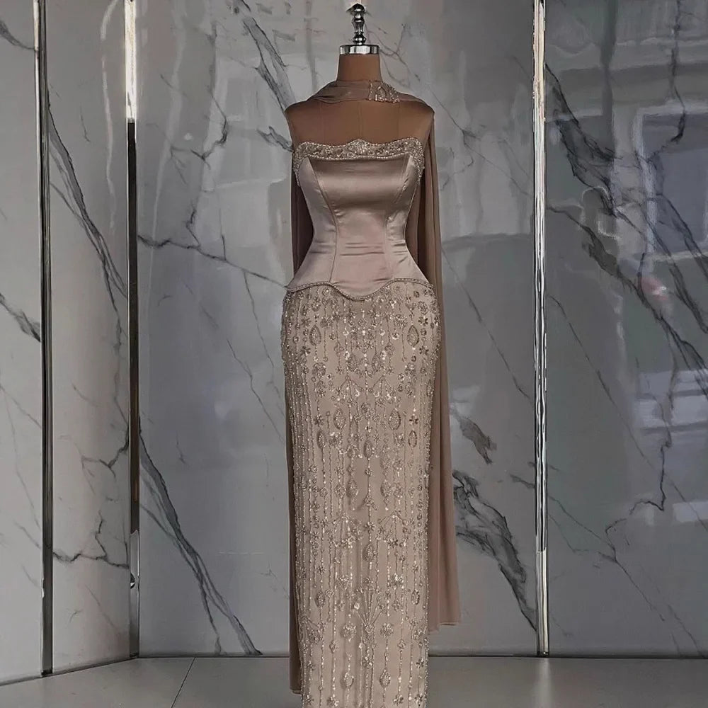Luxury Caramel Satin Beaded Evening Dress with Corset Bodice LA72805C ...